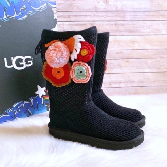 UGG | Shoes | Ugg Classic Floral Crochet Pom Pom Knit Boots | Poshmark